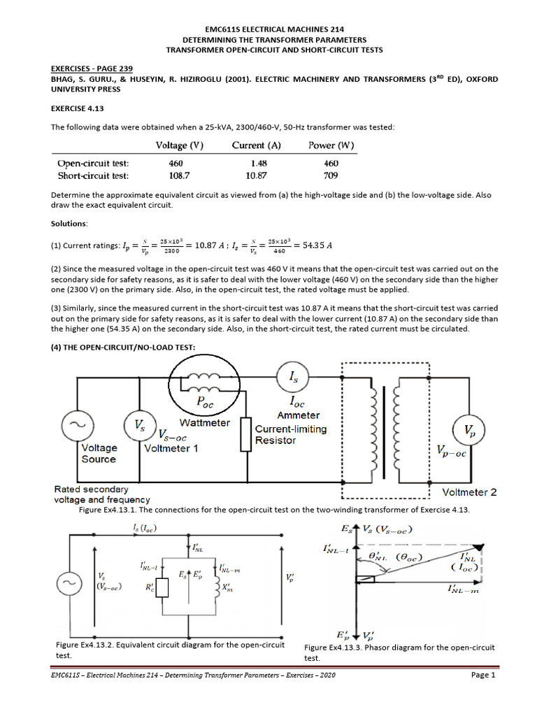 Transformer Parameter Determination Exercises | PDF | Transformer | Voltage