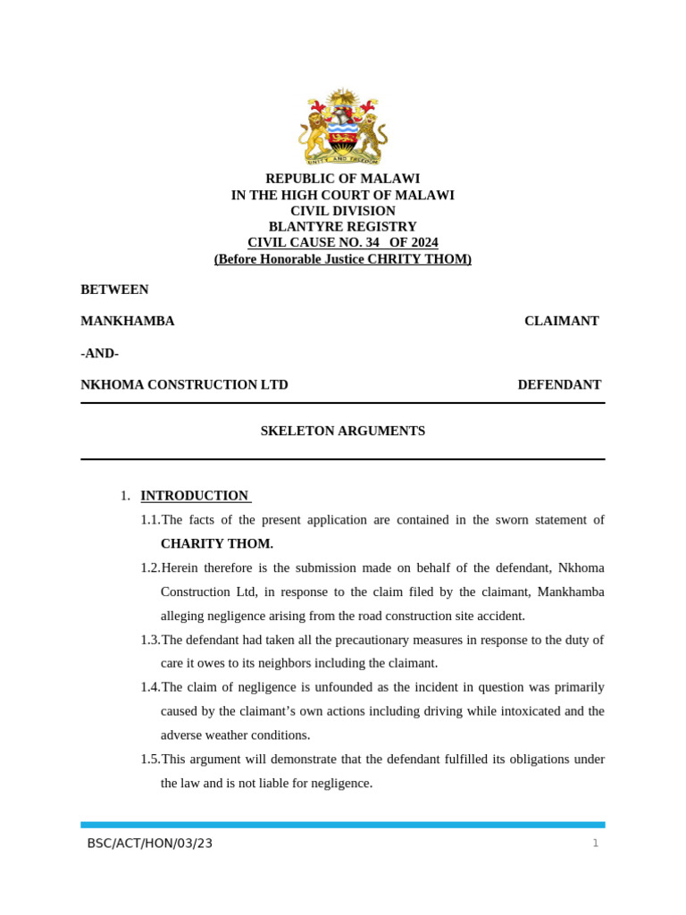 Skeleton Arguments Structure | PDF | Negligence | Duty Of Care