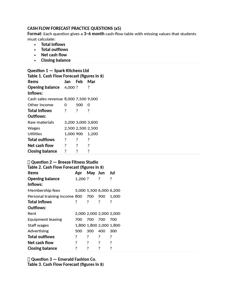 Cash Flow Forecast Practice Questions | PDF | Economies | Financial ...