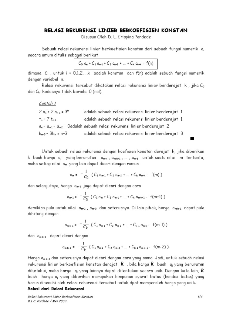 Relasi Rekurensi Linier | PDF | Metode & Bahan Ajar