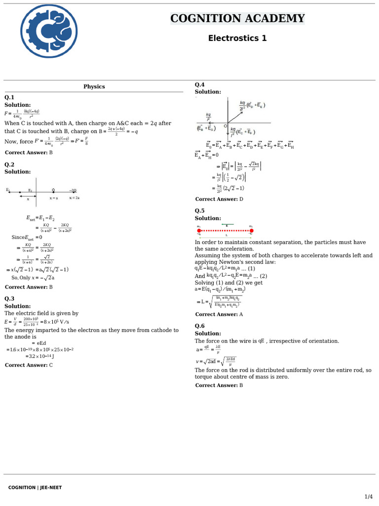 Electrostatics Sheet I-phy-2025!12!12 14-01-24_solution_pdf | PDF | Theoretical Physics ...