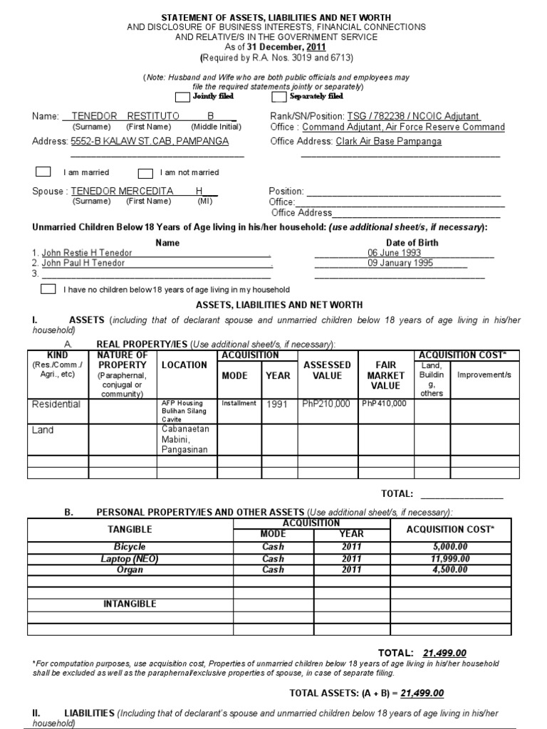 2011 Saln Form | PDF | Expense | Business