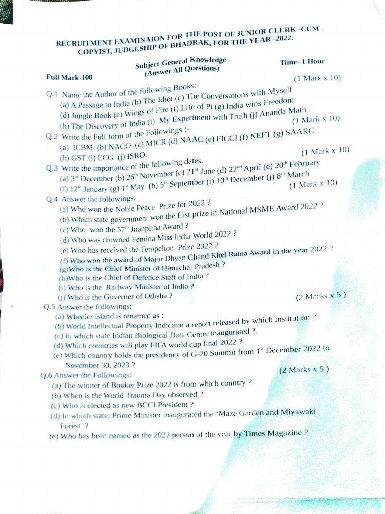JUNIOR CLERK BHADRAK 2022 | PDF | Pollution | Toxicity