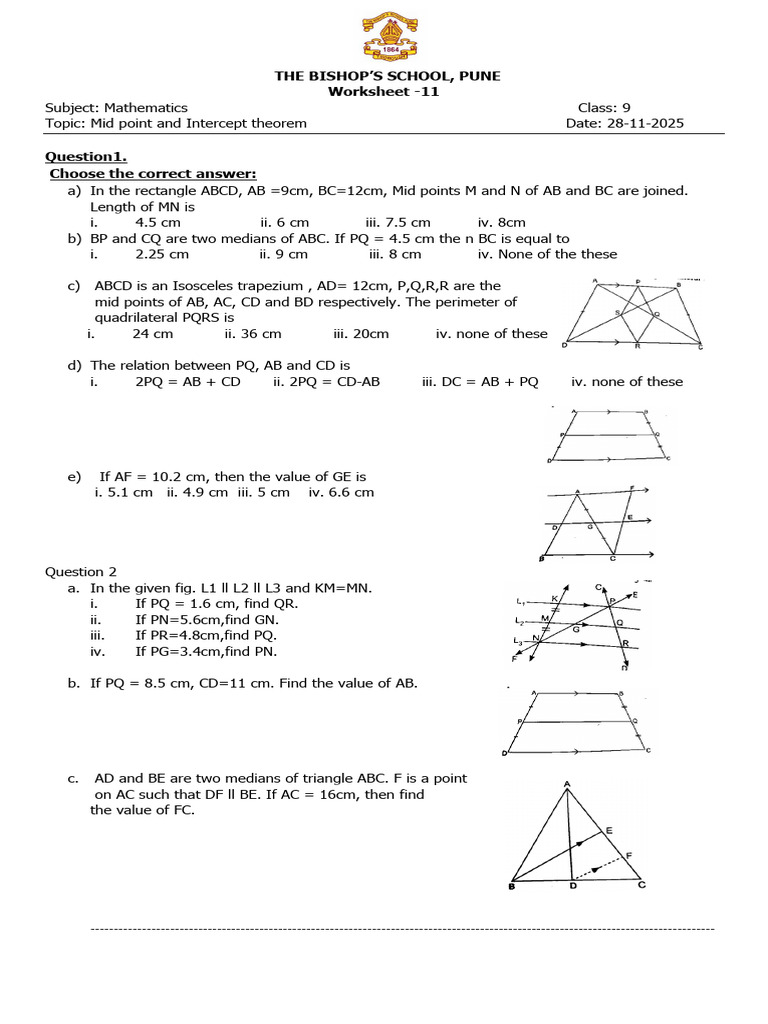 Midpoint and Intercept Theorem Worksheet | PDF