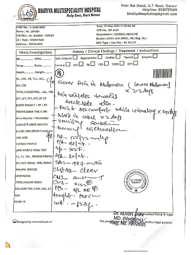 Clinical Notes Detailing History and Admission Notes Showing Vitals and ...