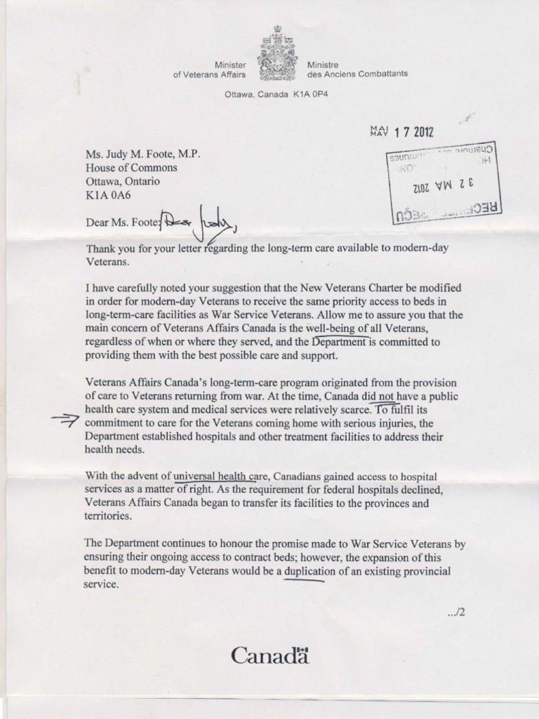 LTR Minister VAC To Foote | PDF | Veteran | Canada