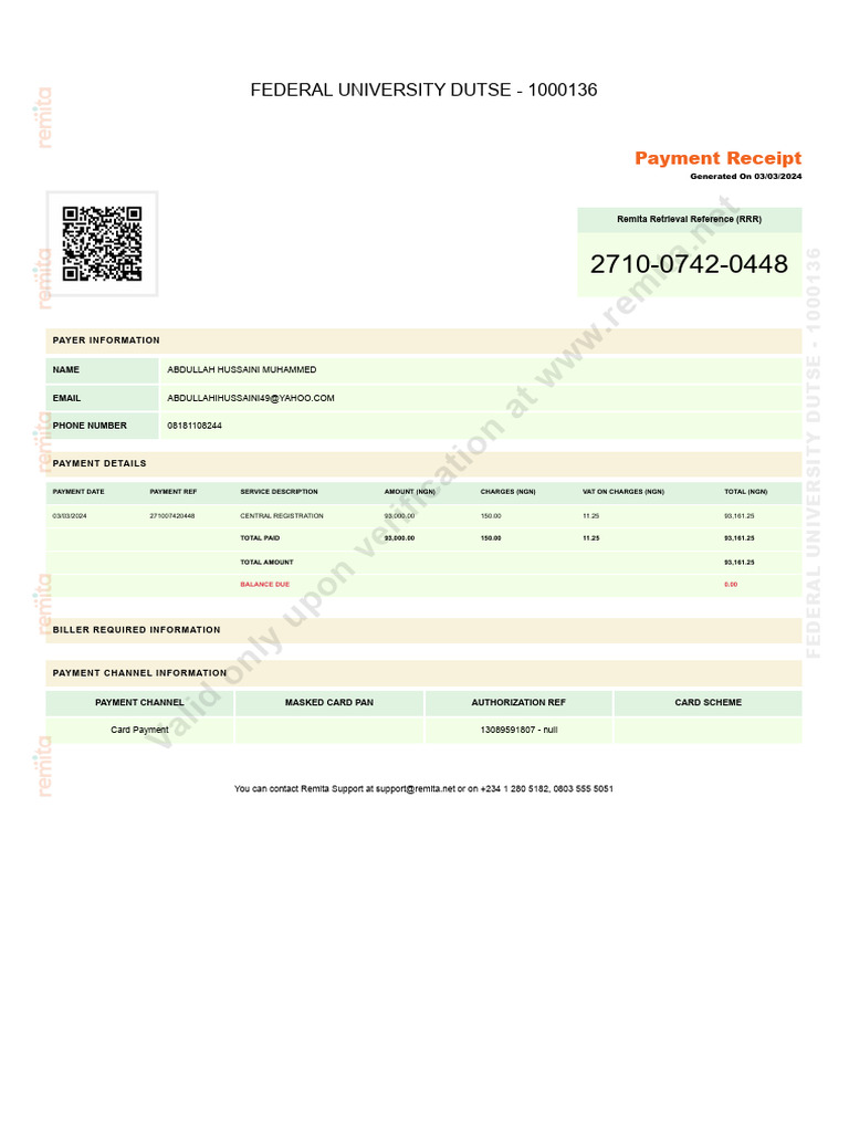Federal University Dutse Payment Receipt | PDF | Payments | Services ...