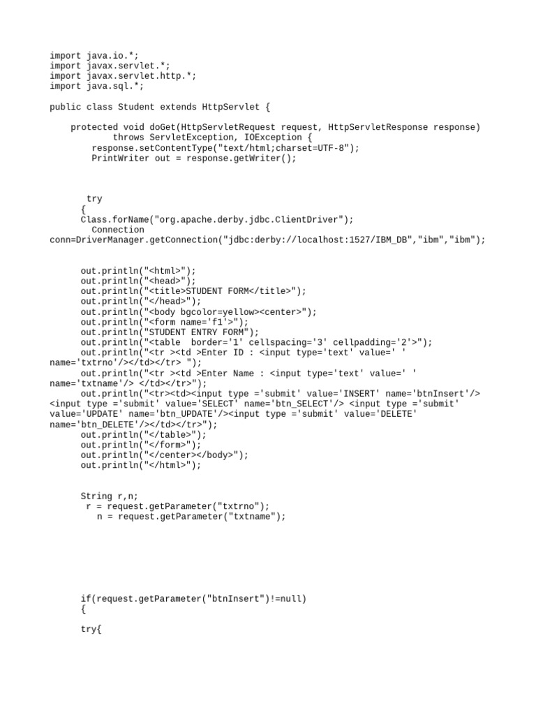 Servlet Code for Insert,Update,View,Delete | PDF | Data Management | Sql