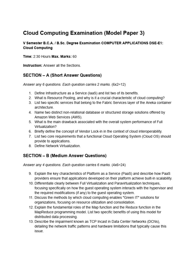 Cloud Computing Exam Model Paper 3 | PDF | Virtualization | Cloud Computing