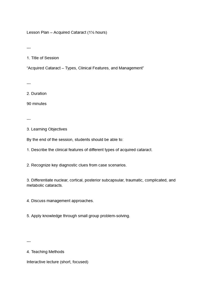 2 Lesson Plan - Acquired Cataract (1 Hours) | PDF | Cataract | Visual ...