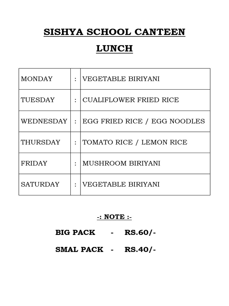 Sishya School Canteen Lunch Menu | PDF