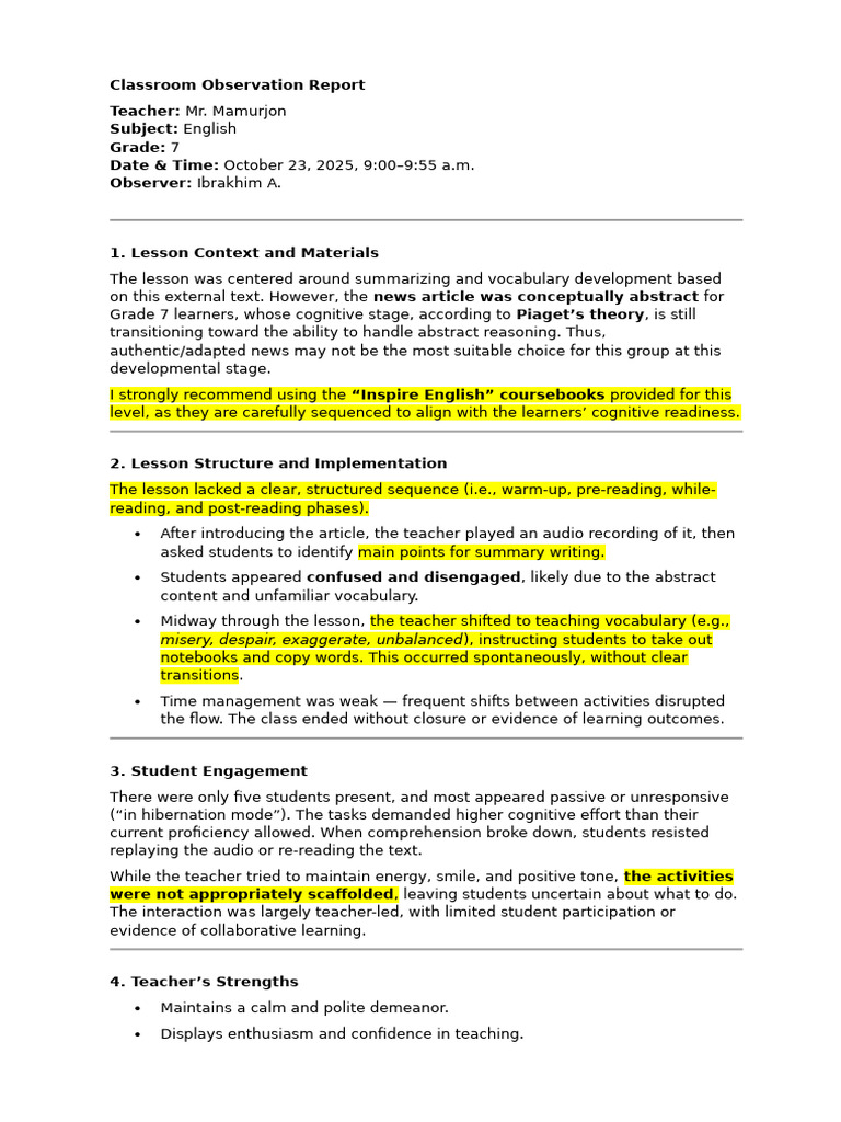 Classroom Observation Report (6) | PDF | Reading Comprehension | Vocabulary