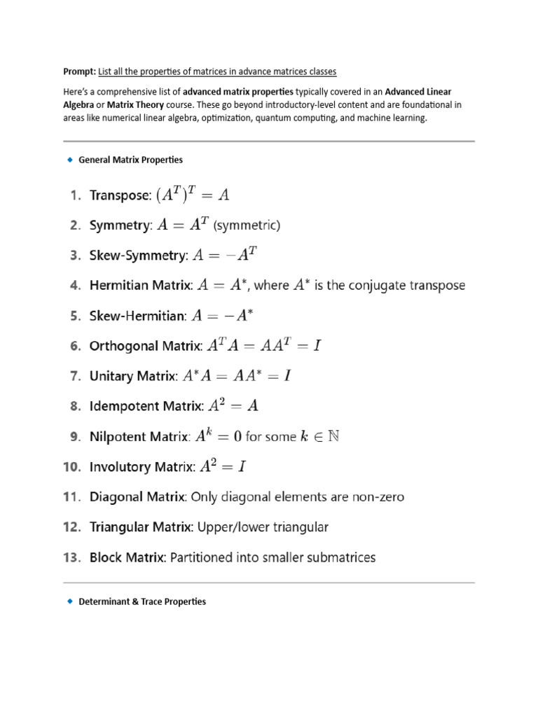 Ready Reference - Matrices Summary | PDF