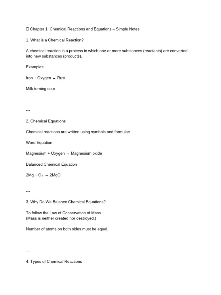 ? Chapter 1 - Chemical Reactions and Equations - Simple Notes | PDF