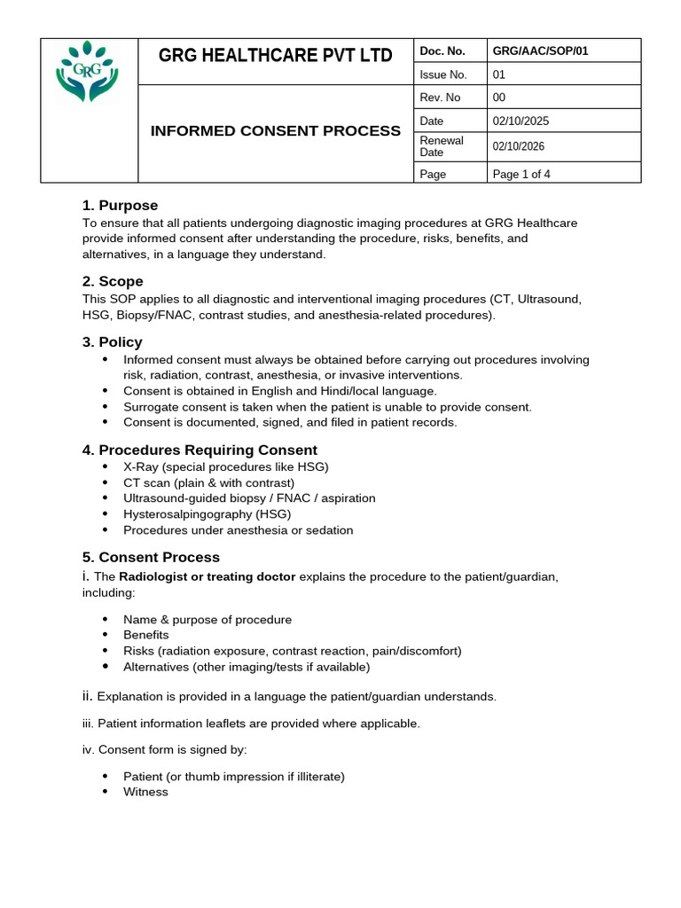 Informed Consent SOP for Imaging Procedures | PDF | Informed Consent ...