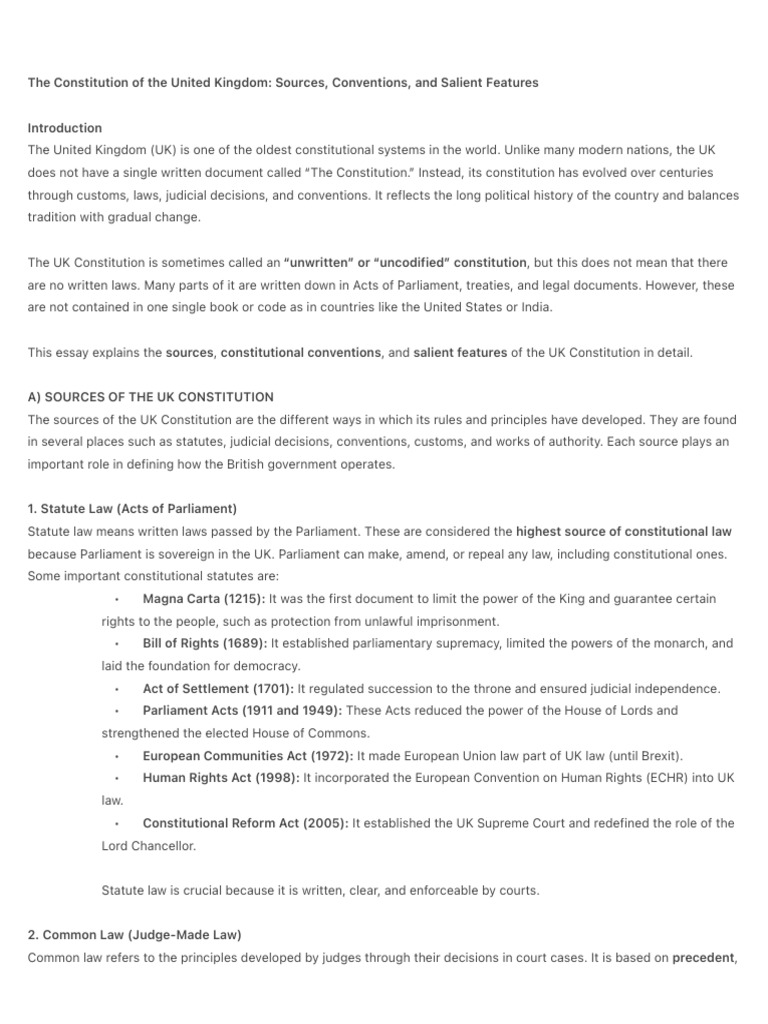 UK Constitution: Sources and Features Explained | PDF | House Of ...