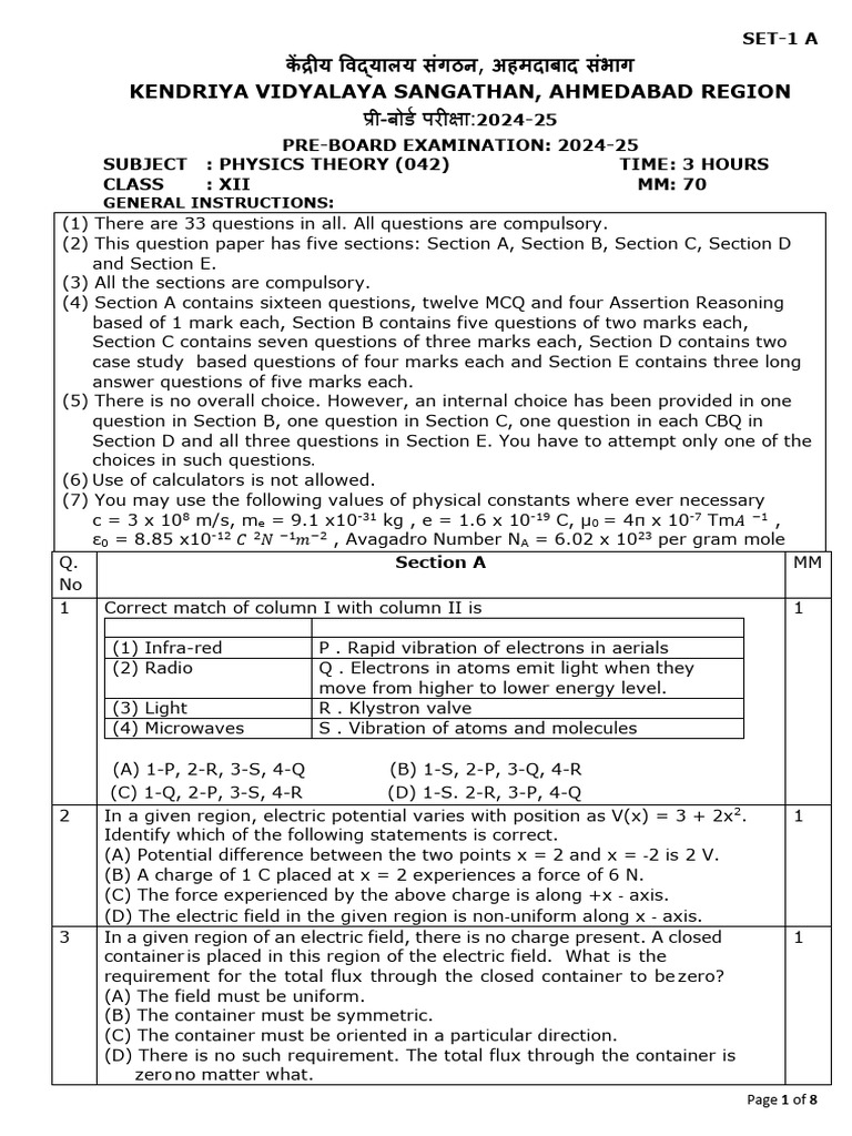 Physics Xii Qp Pb 2024 25 Set 1a | PDF | Photoelectric Effect | Physics