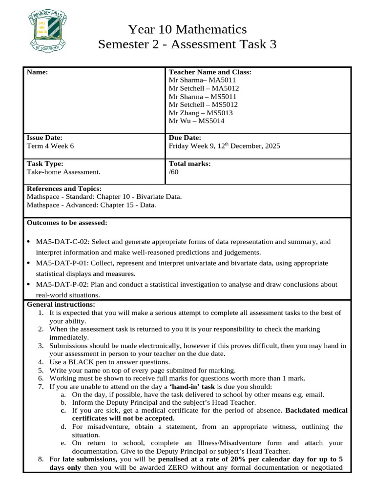 Year 10 Bivariate Data Assessment Task | PDF | Statistics | Scatter Plot