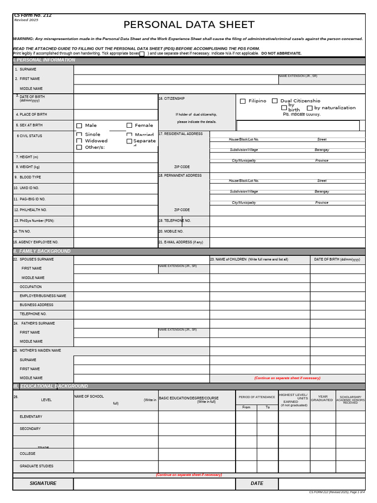 Personal Data Sheet (PDS) Template | PDF | Government And Personhood ...