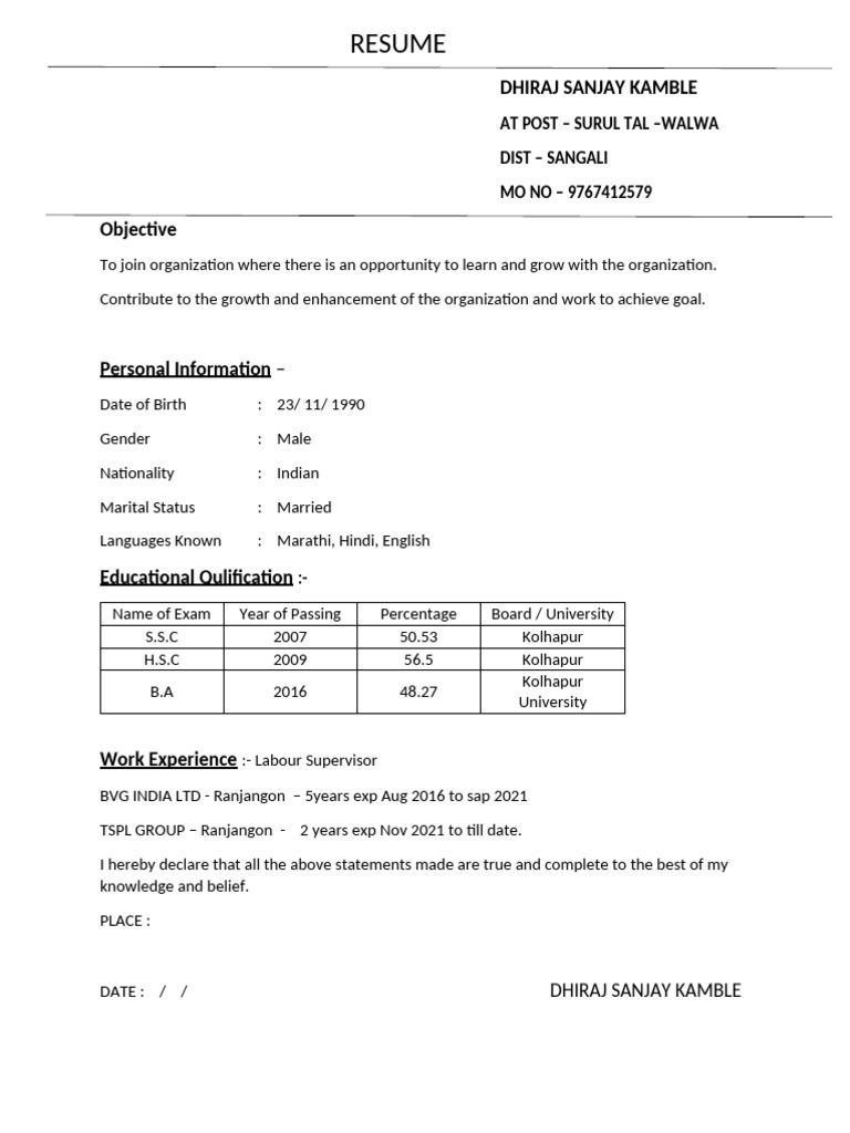 Dhiraj Kamble Resume Overview | PDF