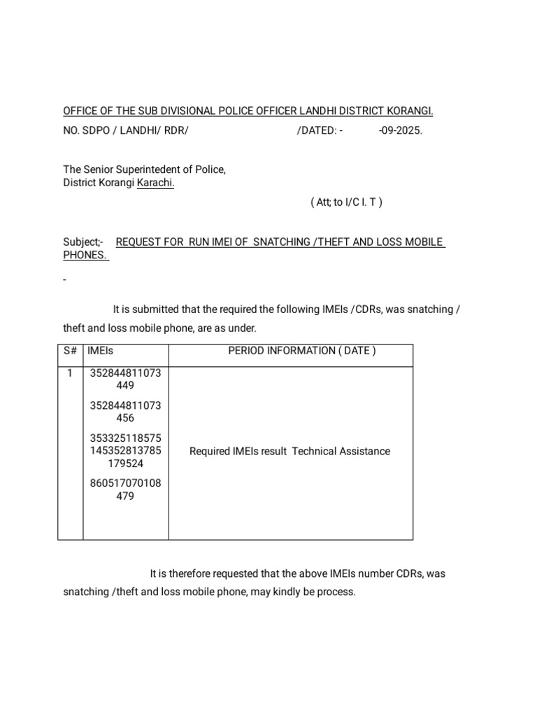 Request for IMEI Analysis on Theft Cases | PDF