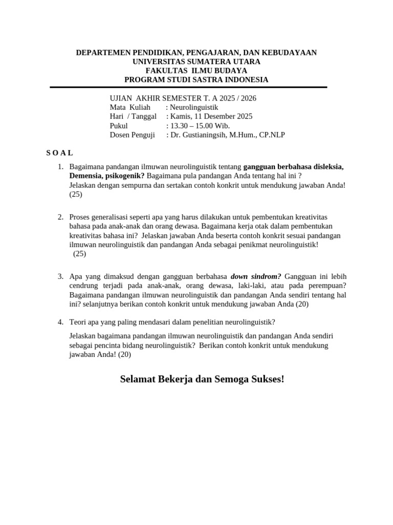 Ujian Neurolinguistik USU 2025/2026 | PDF