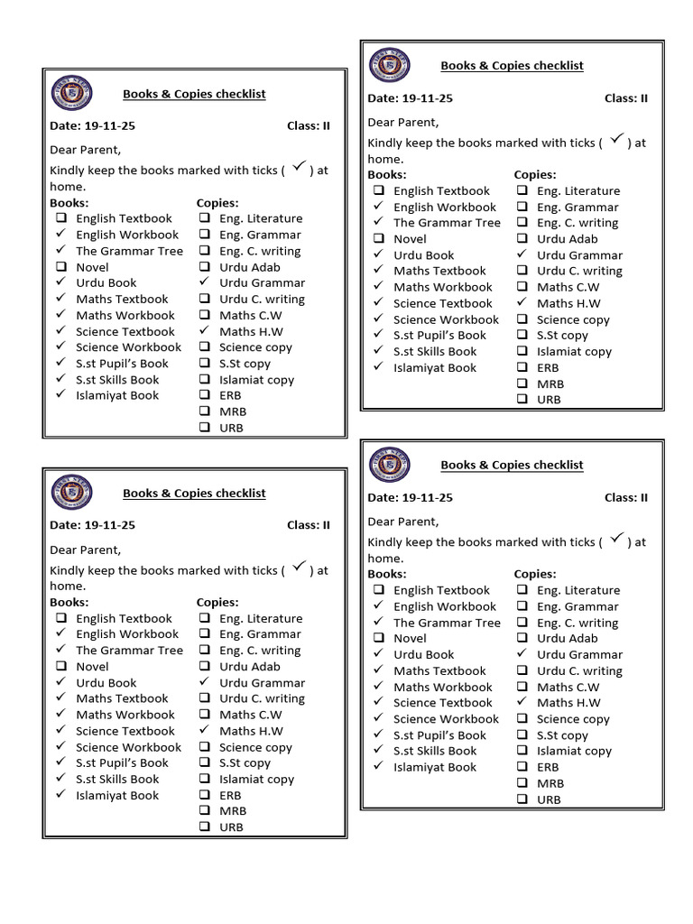 Copies Checklist Grade 2 | PDF