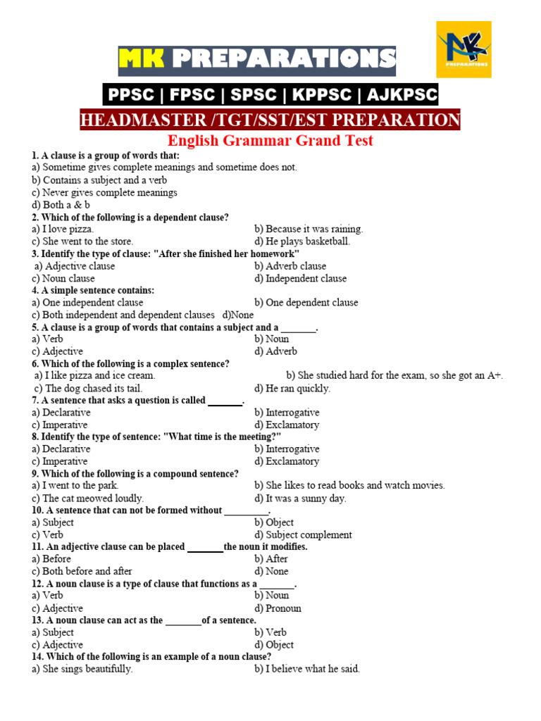 English Grammar Test for Educators | PDF | Clause | English Grammar