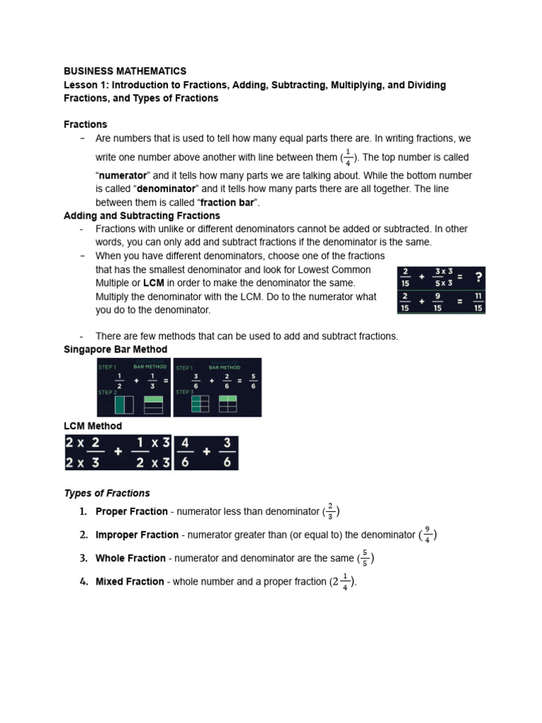 Lesson 1_ Introduction to Fractions, Adding, Subtracting, Multiplying ...