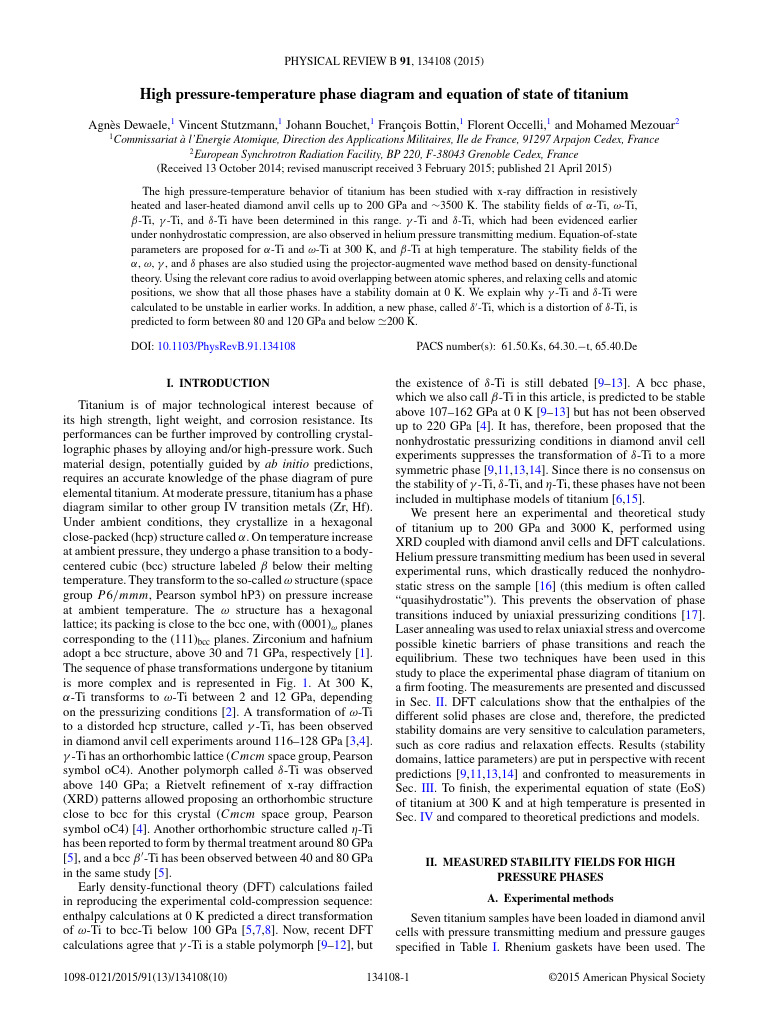 High Pressure-Temperature Phase Diagram and Equation of State of ...