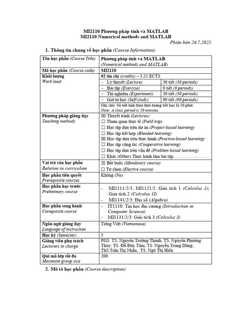 MI2110_Phương Pháp Tính Và MATLAB | PDF