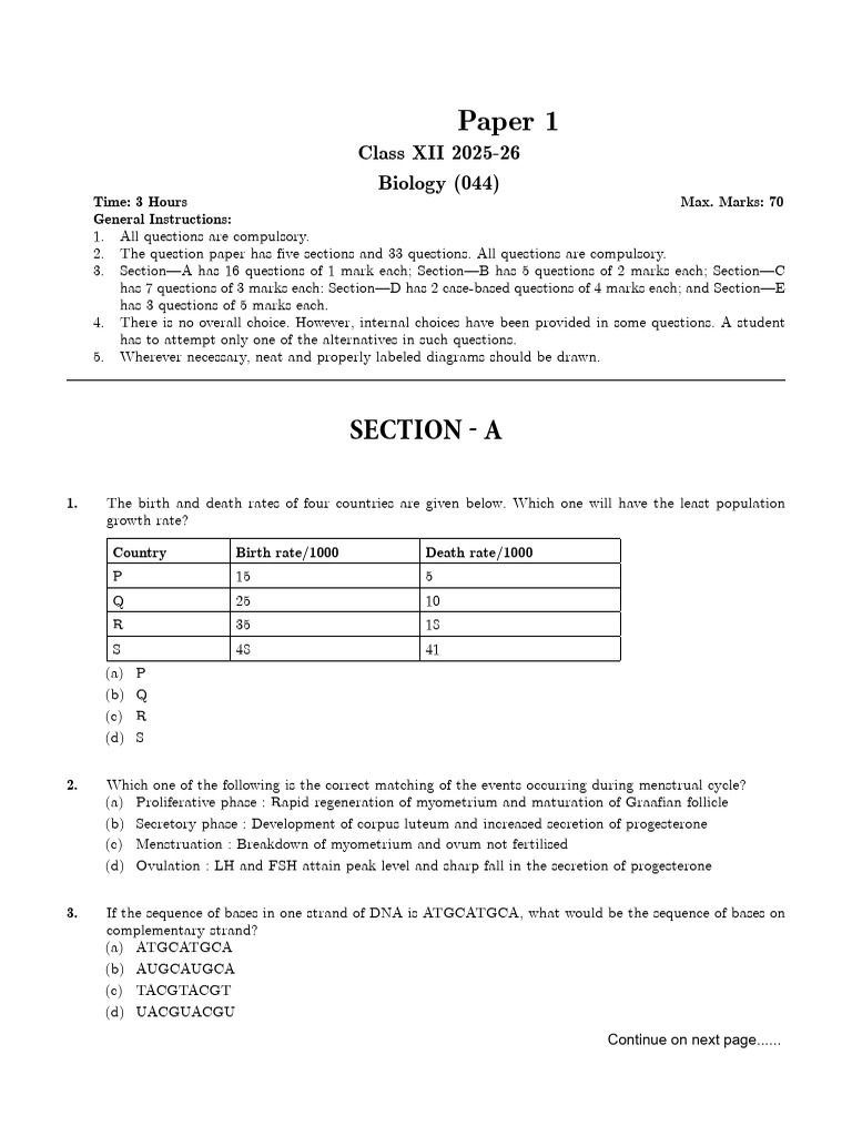 Class 12 Biology Sample Paper 2025-26 | PDF