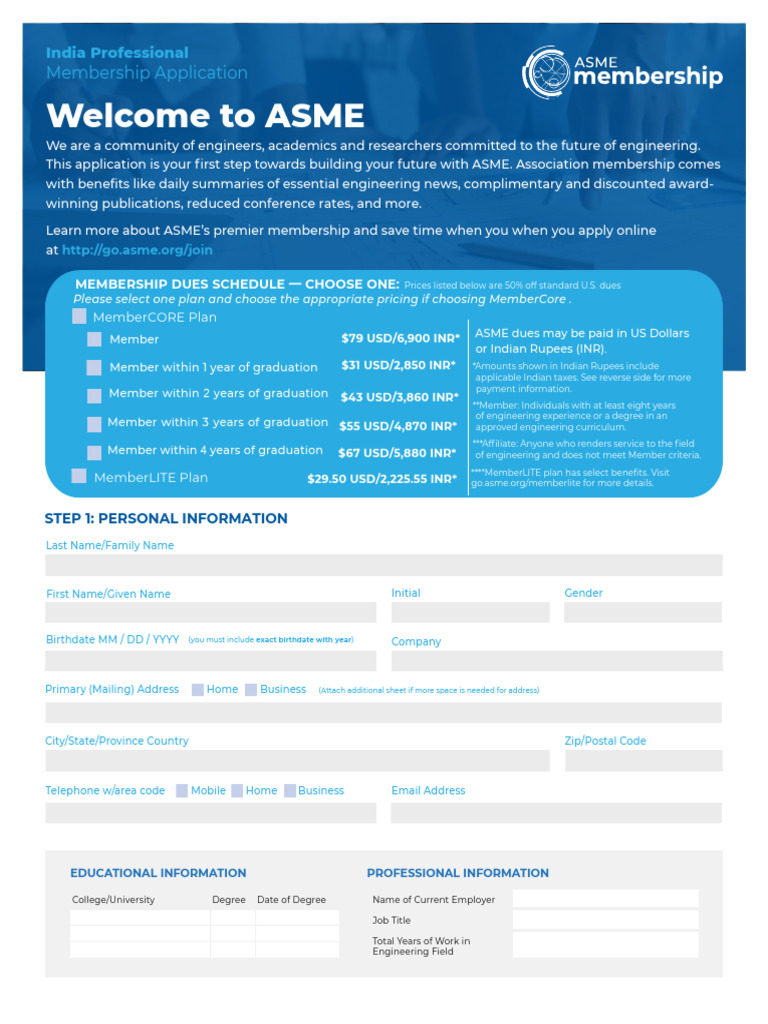 ASME India Membership Application Form | PDF | Engineering | Payments