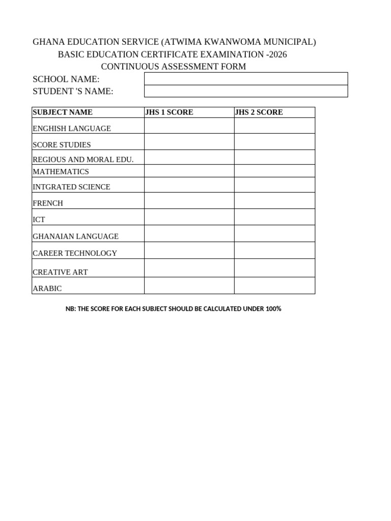 2026 BECE Continuous Assessment Form | PDF