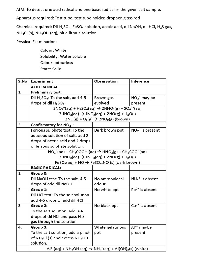 Salt Analysis_ Nitrite and Aluminium Ion | PDF | Salt (Chemistry) | Acid
