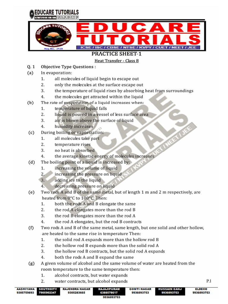 Heat Transfer Practice Sheet for Class 8 | PDF | Evaporation | Liquids
