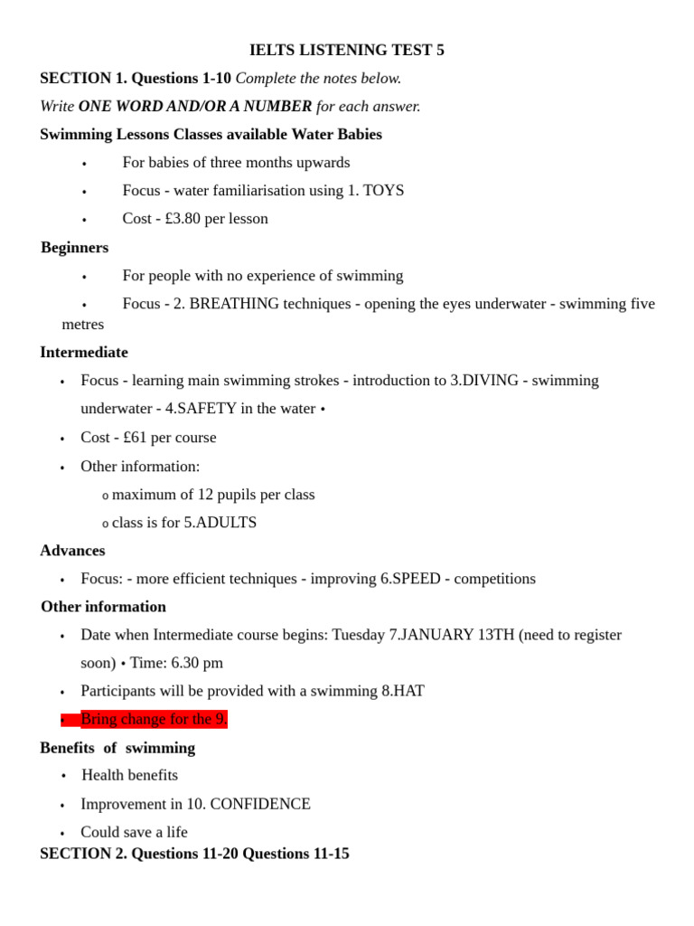 IELTS Listening Test 5 Notes and Answers | PDF