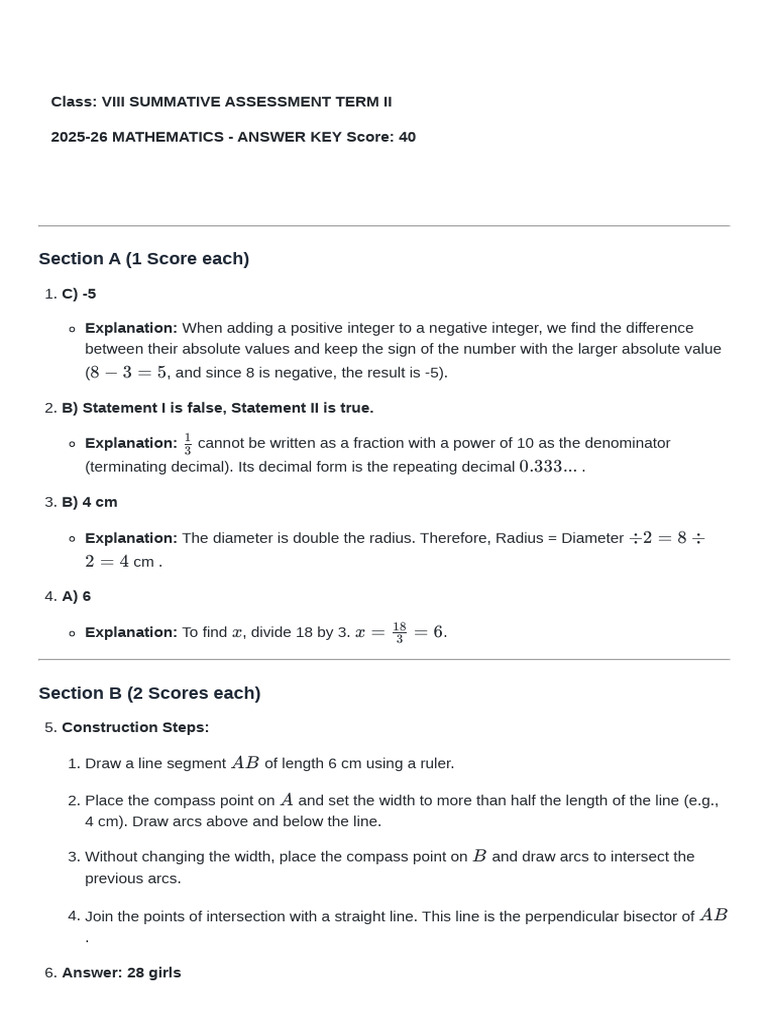 Class 8 Second Term Model Question Paper 1 -MATHS- ANSWER KEY | PDF | Triangle | Perpendicular