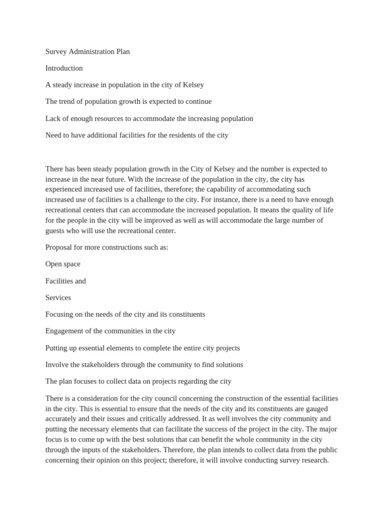 Kelsey City Population Growth Survey Plan | PDF