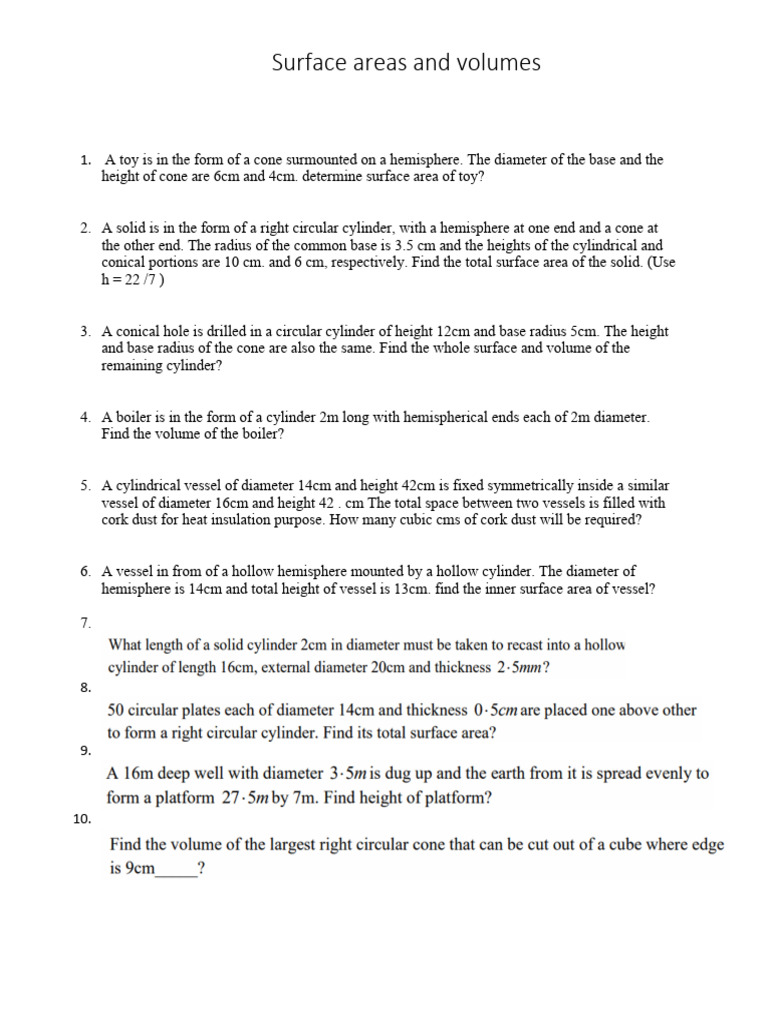 Surface Areas and Volumes Work Sheet | PDF