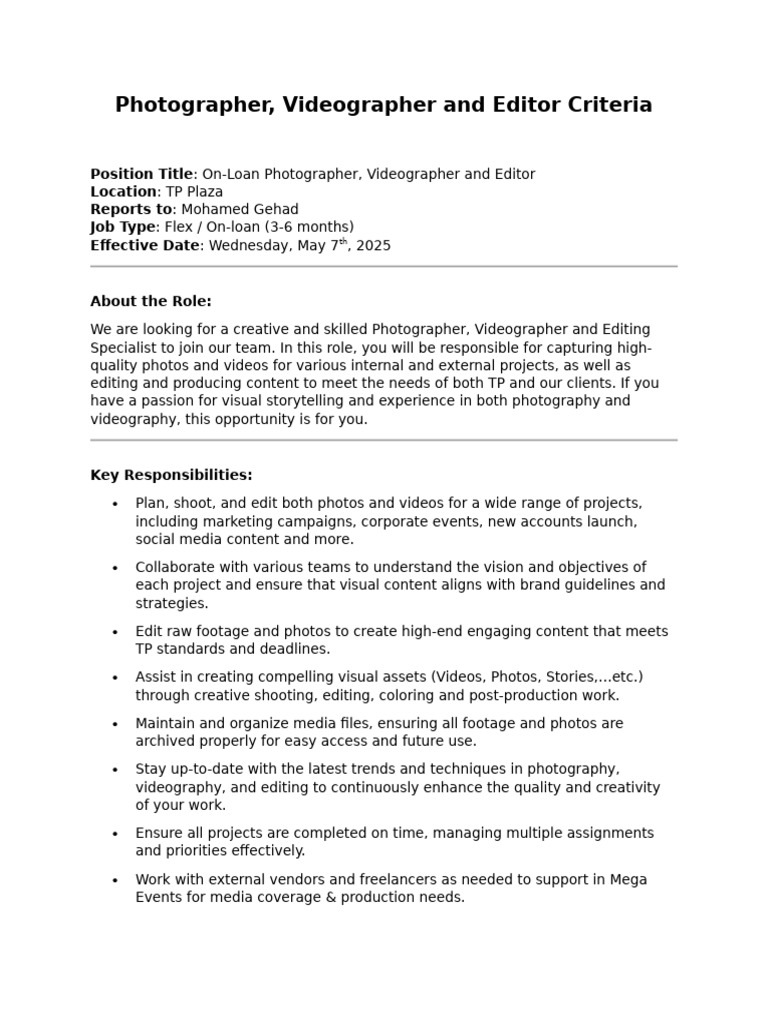 Photographer, Videographer and Editor - Job Description | PDF | Editing ...