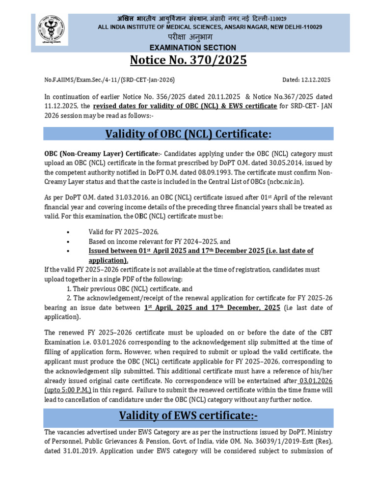 OBC and EWS Certificate Validity Notice | PDF