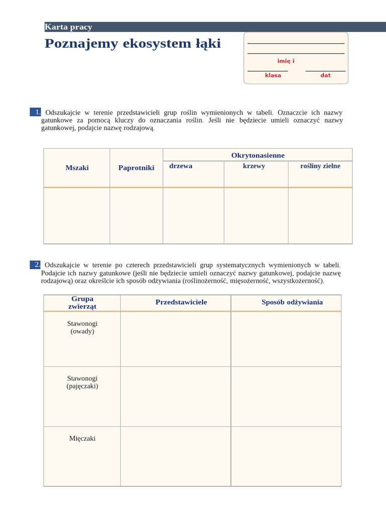 Karta Pracy Poznajemy Ekosystem Laki Lekcja W Terenie | PDF