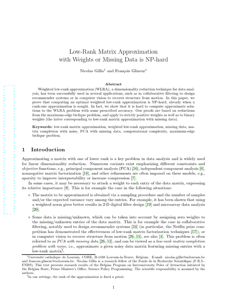 Low-Rank Matrix Approximation with Weights or Missing Data is NP-hard | PDF | Matrix ...