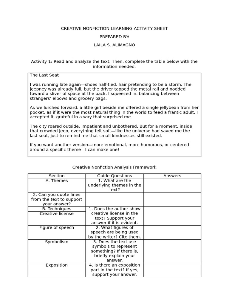 Creative Nonfiction Activity Guide | PDF
