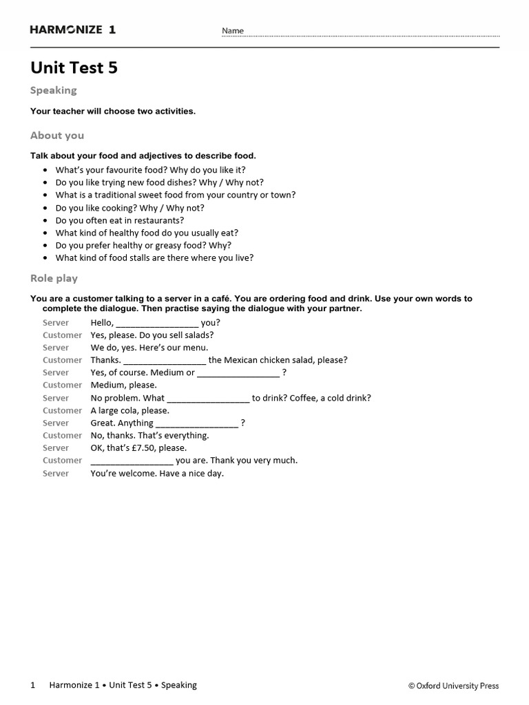 Harmonize 1 Unit 5 Test Speaking | PDF | Food And Drink | Food And ...
