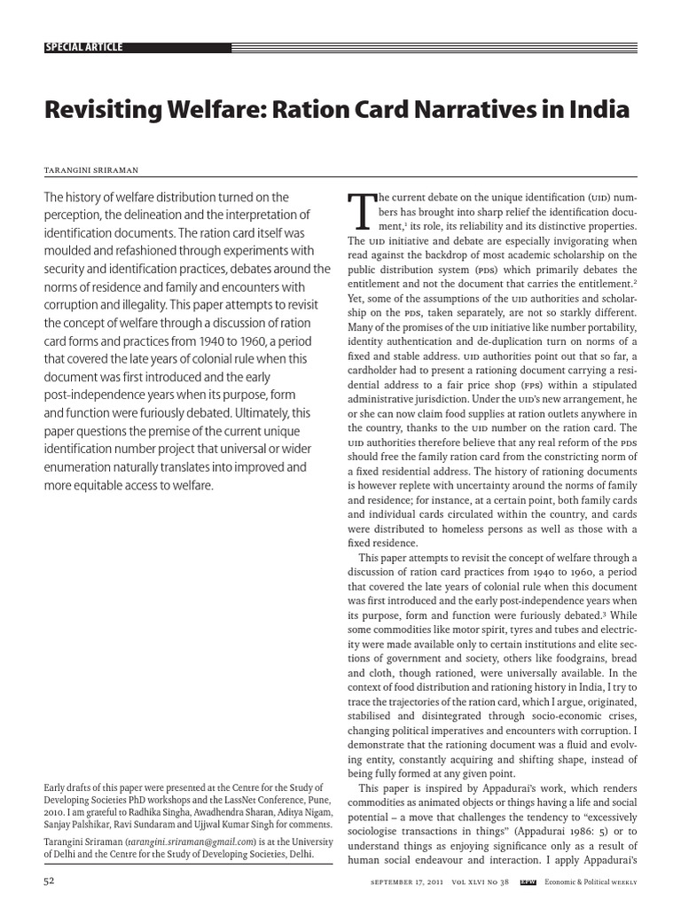 Revisiting Welfare Ration Card Narrative (T Sriraman, 2011) | PDF ...