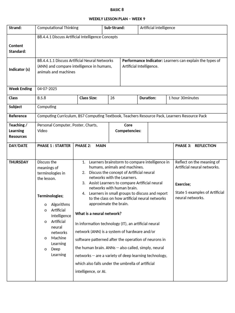 Week 9 AI Lesson Plan for B.S.8 | PDF | Intelligence (AI) & Semantics ...