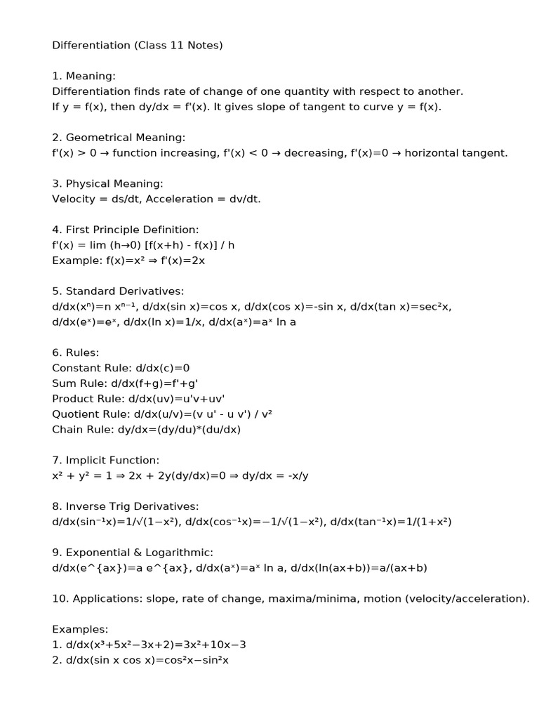 Class 11 Differentiation Notes | PDF