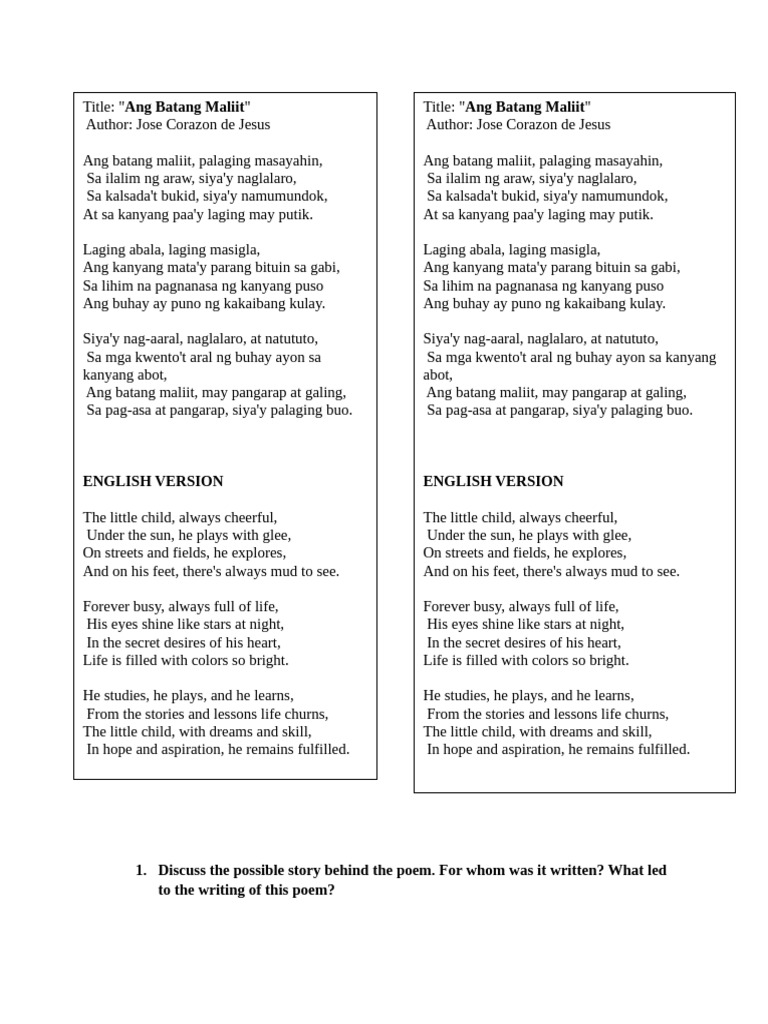 Insights on "Ang Batang Maliit" Poem | PDF | Curiosity | Hope